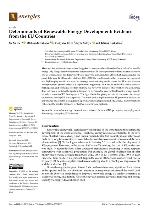Pdf Determinants Of Renewable Energy Development Evidence From The Eu Countries
