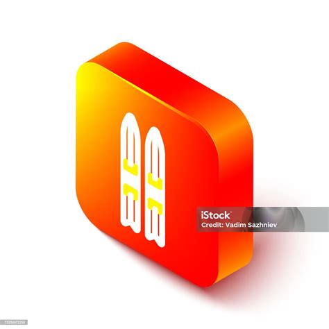 흰색 배경에 격리 된 등색 선 스키 및 스틱 아이콘 익스트림 스포츠 스키 장비 겨울 스포츠 아이콘 주황색 정사각형 버튼 벡터 3차원 형태에 대한 스톡 벡터 아트 및 기타