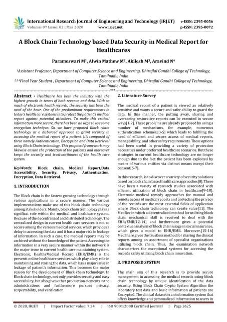 Irjet A Block Chain Technology Based Data Security In Medical Report For Healthcares Pdf