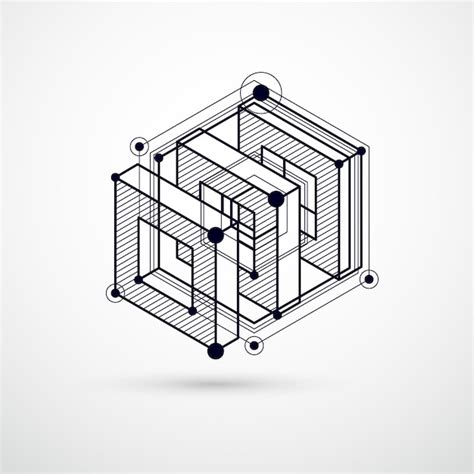 선과 모양 추상적인 벡터 아이소메트릭 3d 흑백 배경 엔진 또는 엔지니어링 메커니즘의 추상 체계입니다 큐브 육각형