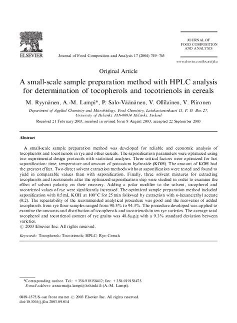 Pdf A Small Scale Sample Preparation Method With Hplc Analysis For Determination Of