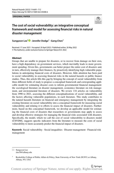 The Cost Of Social Vulnerability An Integrative Conceptual Framework And Model For Assessing