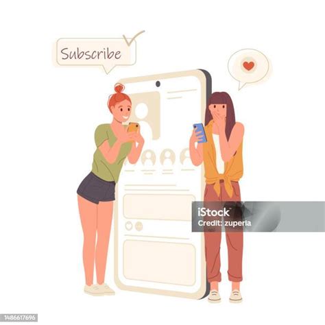 새로운 구독자를 확보하고 소셜 미디어에서 좋아요와 댓글을 받는 두 명의 젊은 여성 블로거 리퍼럴 마케팅에 대한 스톡 벡터 아트 및 기타 이미지 리퍼럴 마케팅 설득