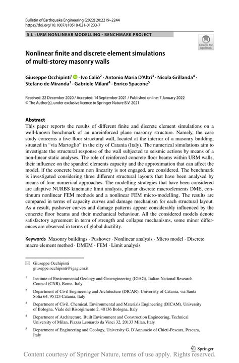 Nonlinear Finite And Discrete Element Simulations Of Multi Storey Masonry Walls Request Pdf