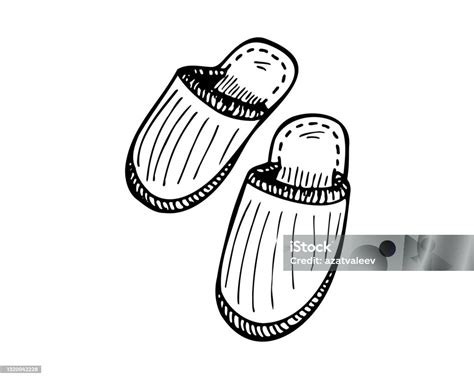 잠자는 슬리퍼 커플 손으로 그린 스케치 홈 편안한 신발 은 검은 색과 흰색 낙서 를 쌍 벡터 격리 Eps 그림 라인아트에 대한