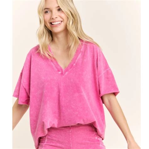 J Her Tops The Aurora Hot Pink Mineral Wash V Neck Basic Tee