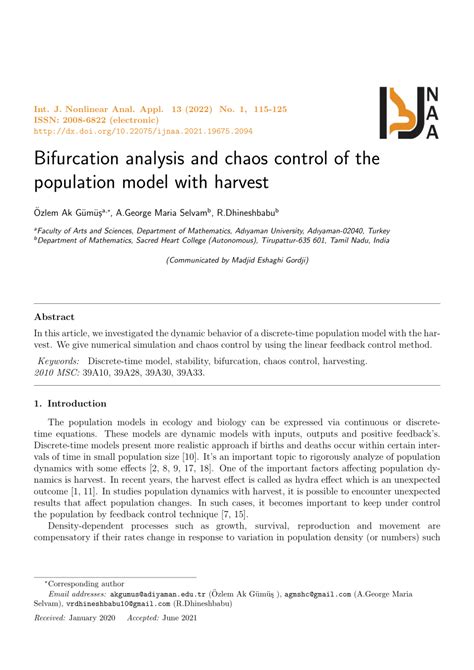 Pdf Bifurcation Analysis And Chaos Control Of The Population Model With Harvesẗ