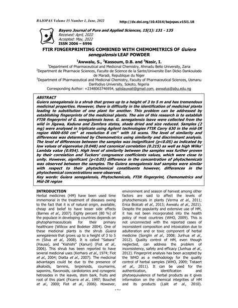 Pdf Ftir Fingerprinting Combined With Chemometrics Of Guiera