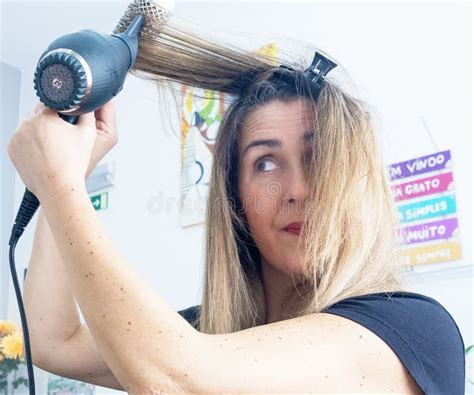 Lady Dries Her Own Long Blonde Hair Stock Image Image Of Adult Styling 379723677