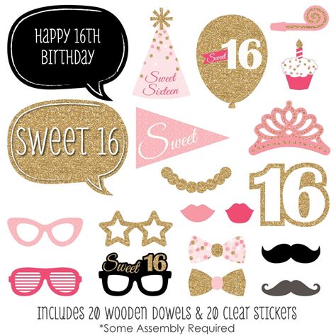 Sweet 16 Birthday Photo Booth Props Kit 20 Count