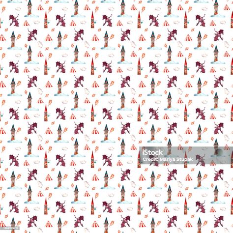 수채화 손으로 그린 패턴 어린이 동화 이야기 용과 성 불꽃 호흡과 중세 성곽 질감의 귀여운 만화 스타일 원활한 어린이 질감 침대 린넨 질감 아기 장식 건축물에 대한 스톡