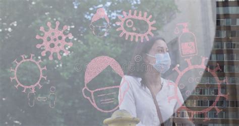 animation of shapes and icons over asian woman and cityscape stock