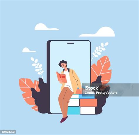 온라인 인터넷 디지털 책을 읽는 남자 학생 캐릭터 온라인 교육 가상 스탓딩 개념 벡터 만화 플랫 그래픽 디자인 일러스트레이션 전자책에 대한 스톡 벡터 아트 및 기타 이미지