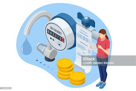 아이소 메트릭 송장 냉수 및 온수 지불 공과금 및 자원 절약 개념 공과금 지불 유틸리티 및 전기 요금을 온라인으로 지불하는 사람들 개념에 대한 스톡 벡터 아트 및 기타