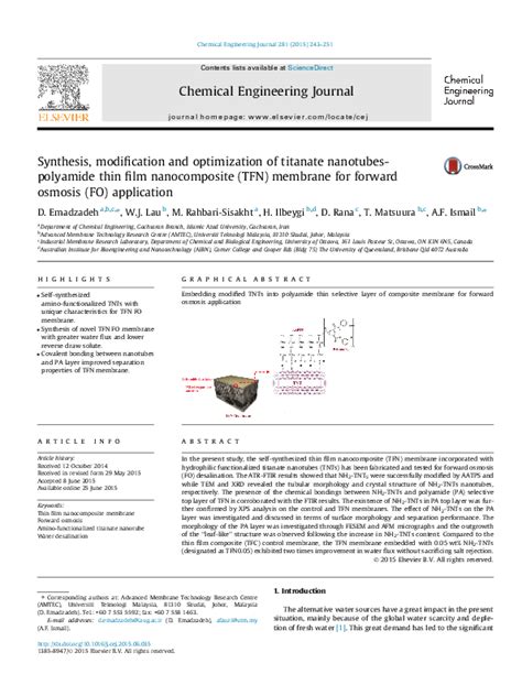 Pdf Synthesis Modification And Optimization Of Titanate Nanotubes Polyamide Thin Film