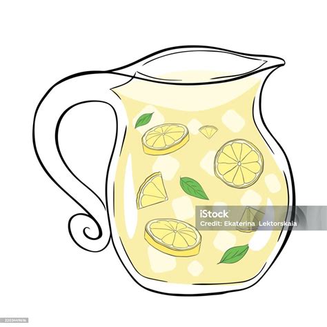 투명 주전자에 레모네이드 그래픽 라인 잉크 구성 나뭇잎과 얼음 삽화를 가진 벡터 레몬 조각 흰색 배경에 고립되어 있습니다 감귤류 과일에 대한 스톡 벡터 아트 및 기타 이미지