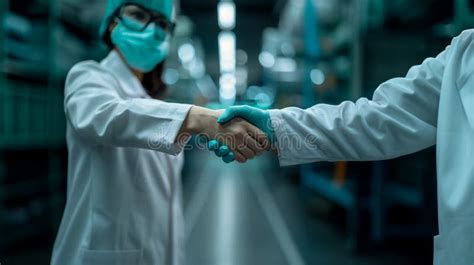 Two Scientists One Wearing A Face Mask Shake Hands In A Laboratory Setting Stock Illustration