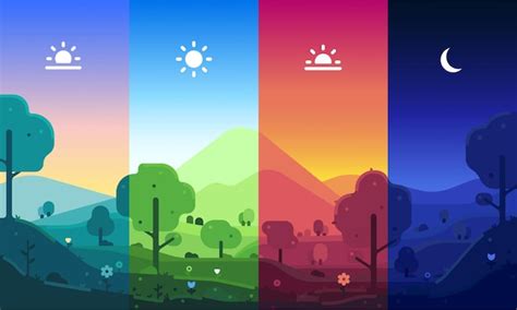 Landscape Illustration Of Four Times Of Day With Icons Premium Vector