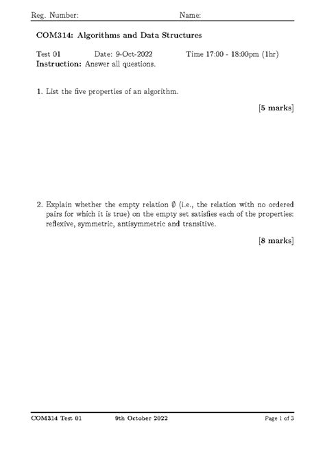 Com314 Algorithms And Data Structures Test 01 Questions And Answers