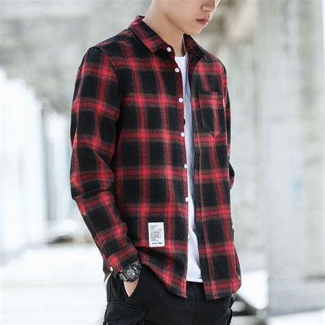 Korean Plaid Long Sleeves Shirt For Men Oversize Checkered Polo Blouse