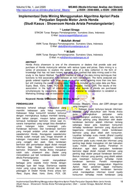 Pdf Implementasi Data Mining Menggunakan Algoritma Apriori Pada Penjualan Sepeda Motor Jenis