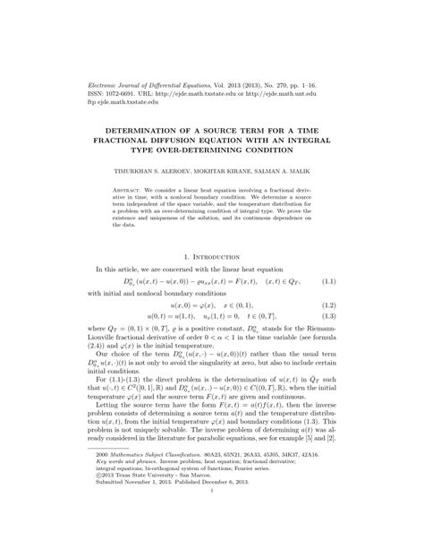 Pdf Determination Of A Source Term For A Time Fractional Diffusion