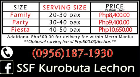 Our Current Price List For Ssf Kurobuta Lechon