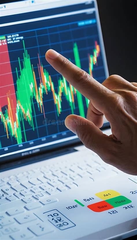Analyzing Stock Market Data On Laptop Screen With Finger Pointing Chart Stock Illustration