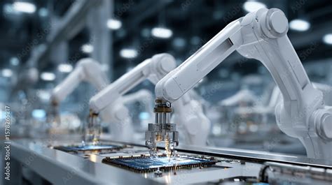 White Robotic Arms Assembling Computer Chips In A Hi Tech Factory Stock