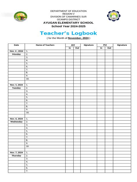 Teachers Logbook Nov 2024 Jan 2025 Pdf