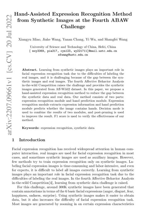 Hand Assisted Expression Recognition Method From Synthetic Images At