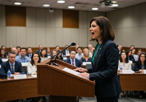 A Professional Woman Passionately Speaking At A Podium During A Formal