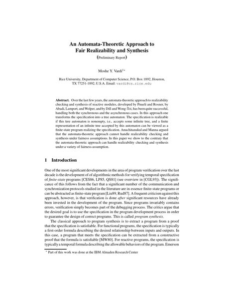 Pdf An Automata Theoretic Approach To Fair Realizability And Synthesis