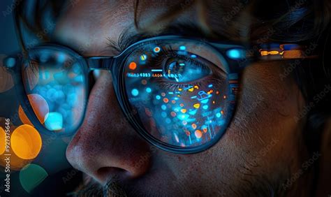 data reflecting on a man s eyeglasses with a blurred background of a