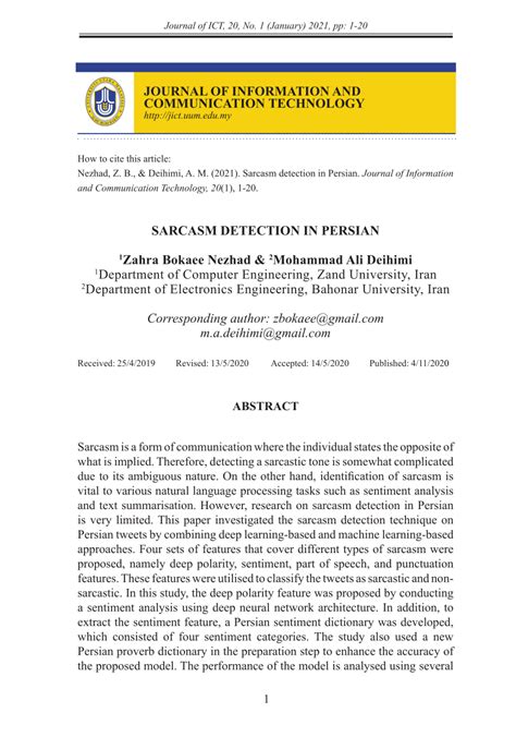 Pdf Sarcasm Detection In Persian