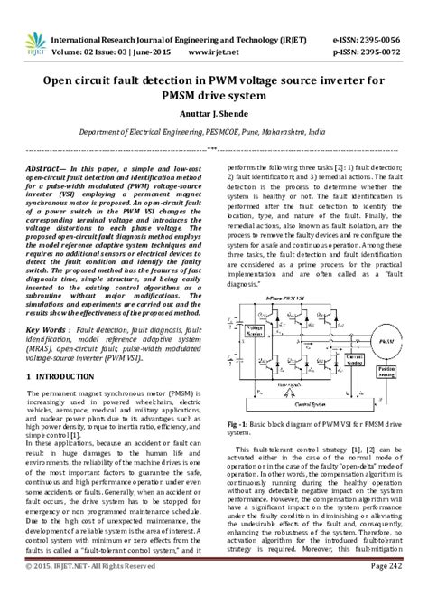Pdf Irjet Open Circuit Fault Detection In Pwm Voltage Source Inverter For Pmsm Drive System