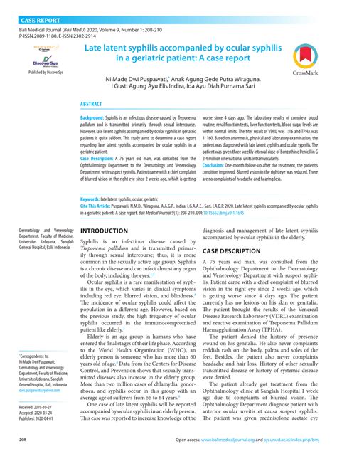 Pdf Late Latent Syphilis Accompanied By Ocular Syphilis In A
