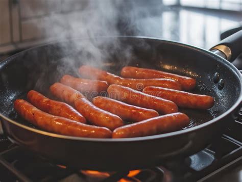 Sizzling Sausages With Aromatic Steam In Hot Frying Pan Stock