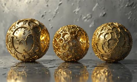 Three Golden Balls Are Placed In Front Of A Grey Wall Stock