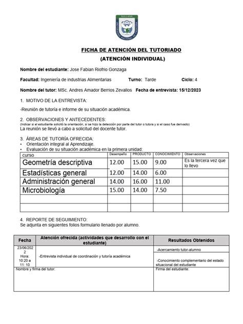2023 Ii Tutoria Código Del Alumno Ficha De Atención Del Tutoriado Descargar Gratis Pdf
