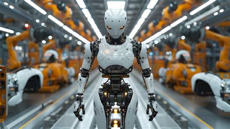 Advanced Humanoid Robot In Futuristic Factory Stock Illustration