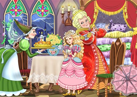 Иллюстрация Сказка Принцесса на горошине в стиле 2d