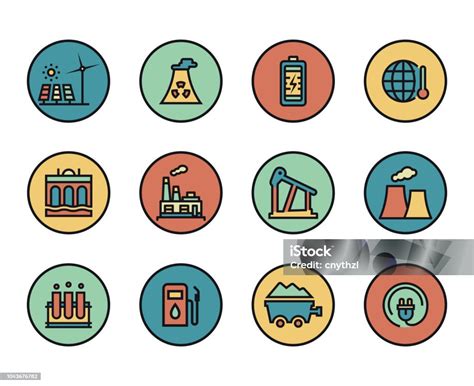 라인 중 및 전력 산업의 아이콘을 설정 합니다 현대 컬러 플랫 디자인 선형 그림 컬렉션입니다 스트로크 기호 팩의 벡터 개념을 설명 합니다 프리미엄 품질 웹 그래픽 자료입니다
