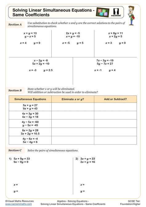 Solving Linear Simultaneous Equations Same Coefficients Worksheet Fun And Engaging Year 8