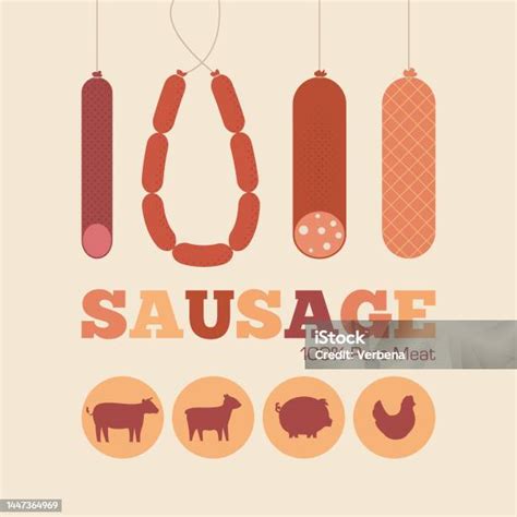 레트로 포스터 다양한 소시지와 아이콘 쇠고기 닭고기 돼지 고기 및 양고기 소시지에 대한 스톡 벡터 아트 및 기타 이미지