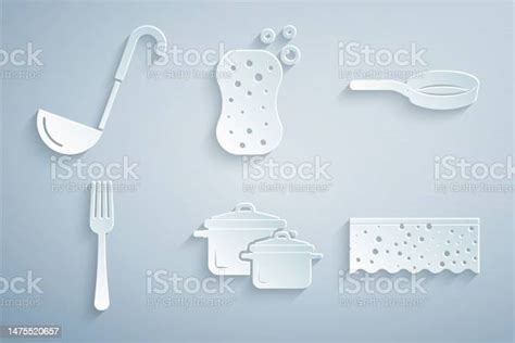 요리 냄비 프라이팬 포크 거품이있는 스폰지 및 주방 국자 아이콘을 설정합니다 벡터 3차원 형태에 대한 스톡 벡터 아트 및 기타