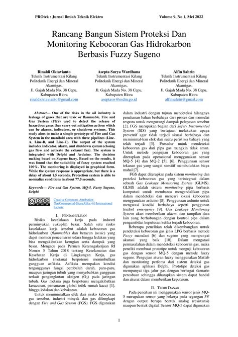 Pdf Rancang Bangun Sistem Proteksi Dan Monitoring Kebocoran Gas Hidrokarbon Berbasis Fuzzy Sugeno