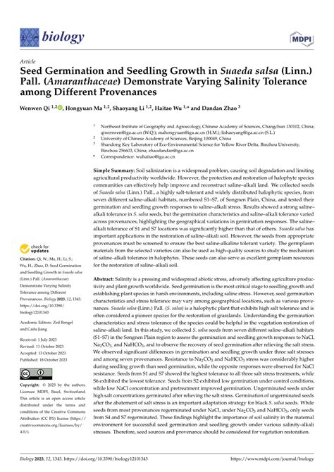 Pdf Seed Germination And Seedling Growth In Suaeda Salsa Linn Pall
