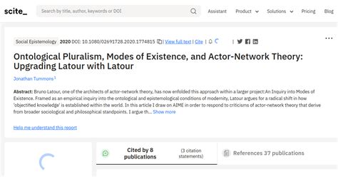 Citation Report Ontological Pluralism Modes Of Existence And Actor Network Theory Upgrading
