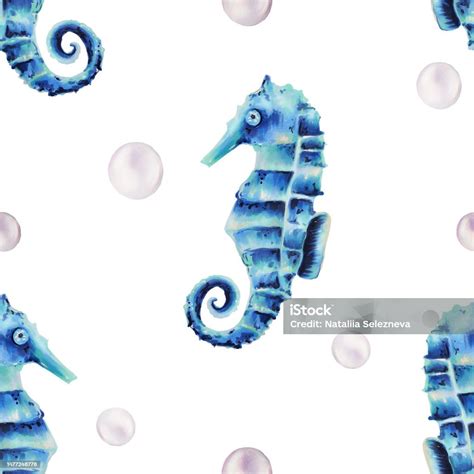 해마와 진주가 있는 수채화 매끄러운 패턴 흰색 고립된 배경에 수중 생물 물체를 손으로 칠하는 클립아트 디자이너 장식 엽서 포장지 스크랩북 표지 초대장 웨딩 디자인 포스터 및